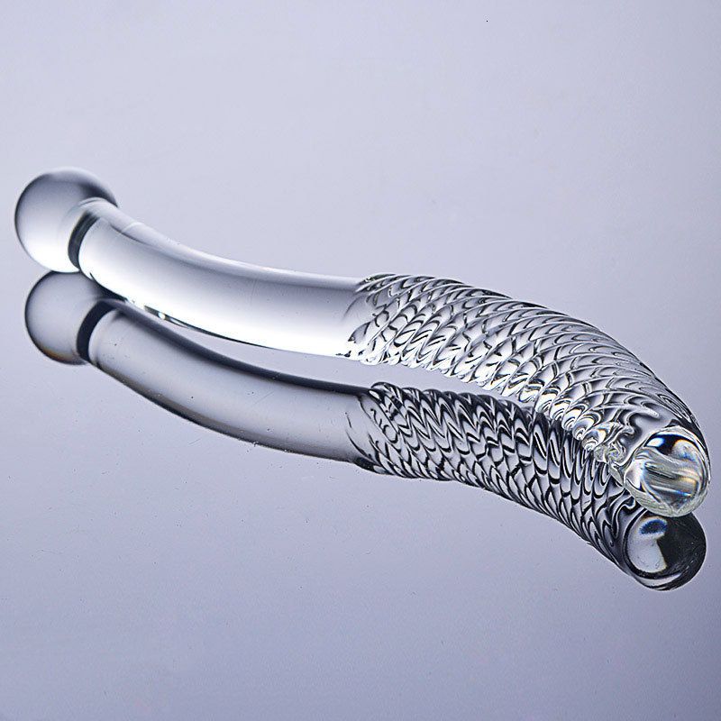 Godes Dongs Double Extrémité Cristal Blanc Verre Gode Pénis Artificiel Granule Spirale G Spot 0397