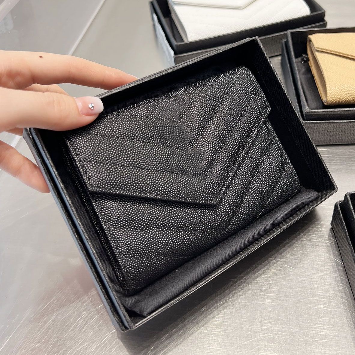 23 Envelope Compact Tri Fold Wallet Grain De Poudre Embossed Leather ...