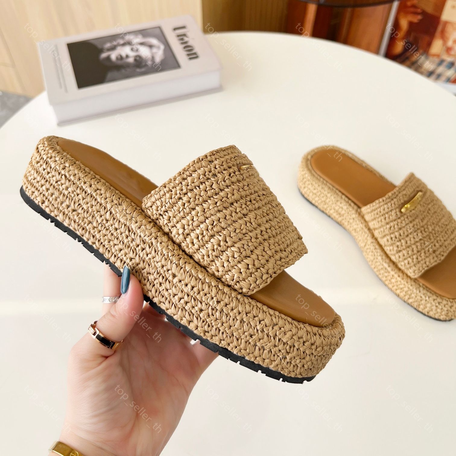 Womens Crochet Flatform Woven Sandals With Straw, Metal Triangle ...