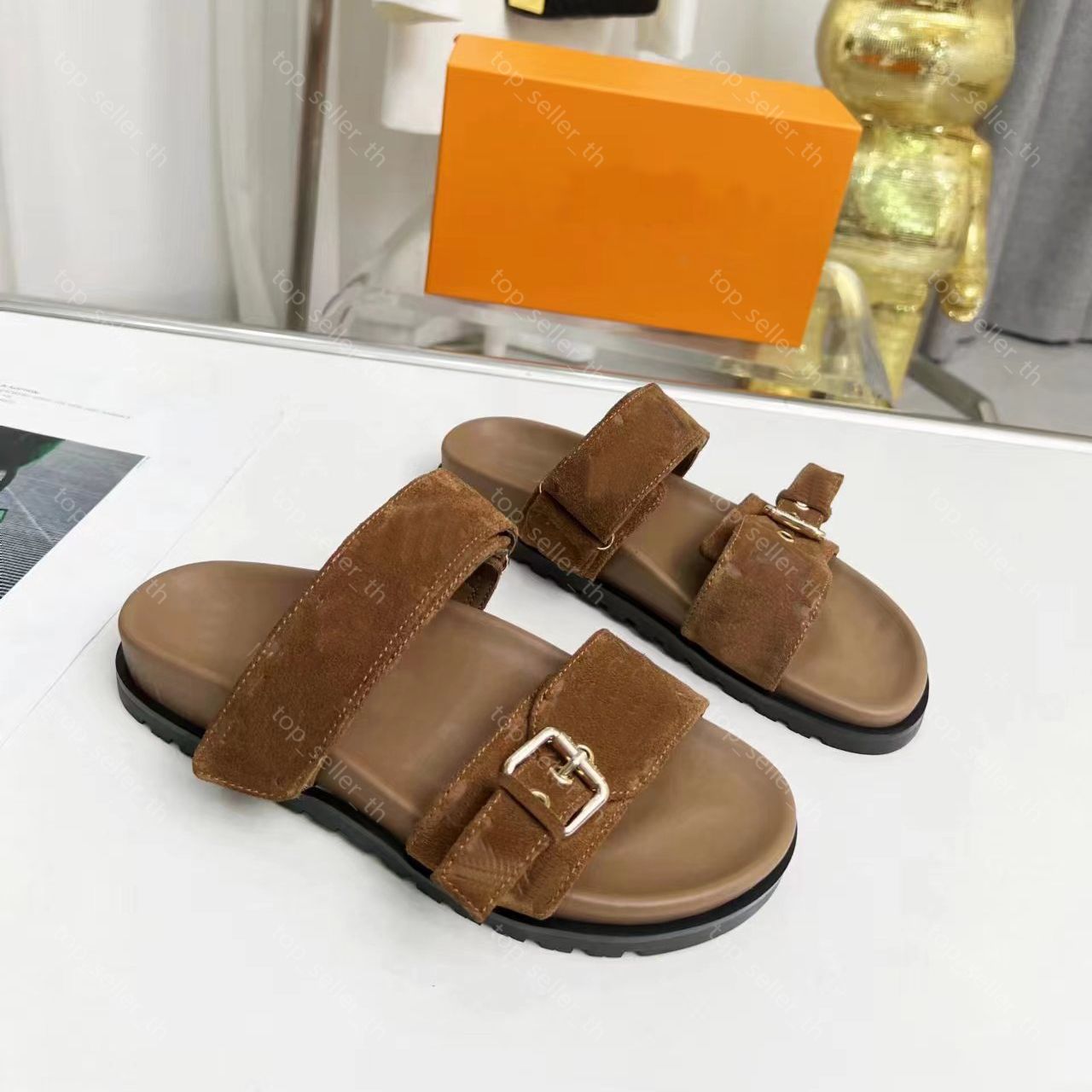 Designer Flat Heel Tan Leather Sandals For Women Mom DIA FLAT COMFORT ...