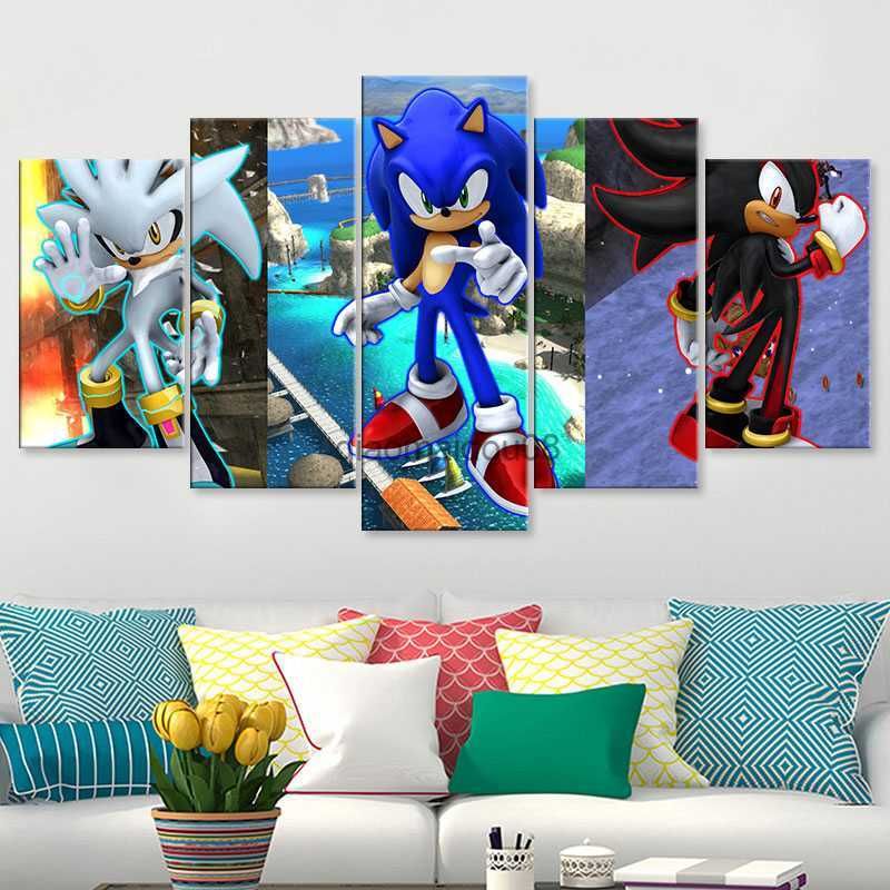 Cartoon Sonic 5 Panels Poster Video Games Canvas Painting Wall Art ...