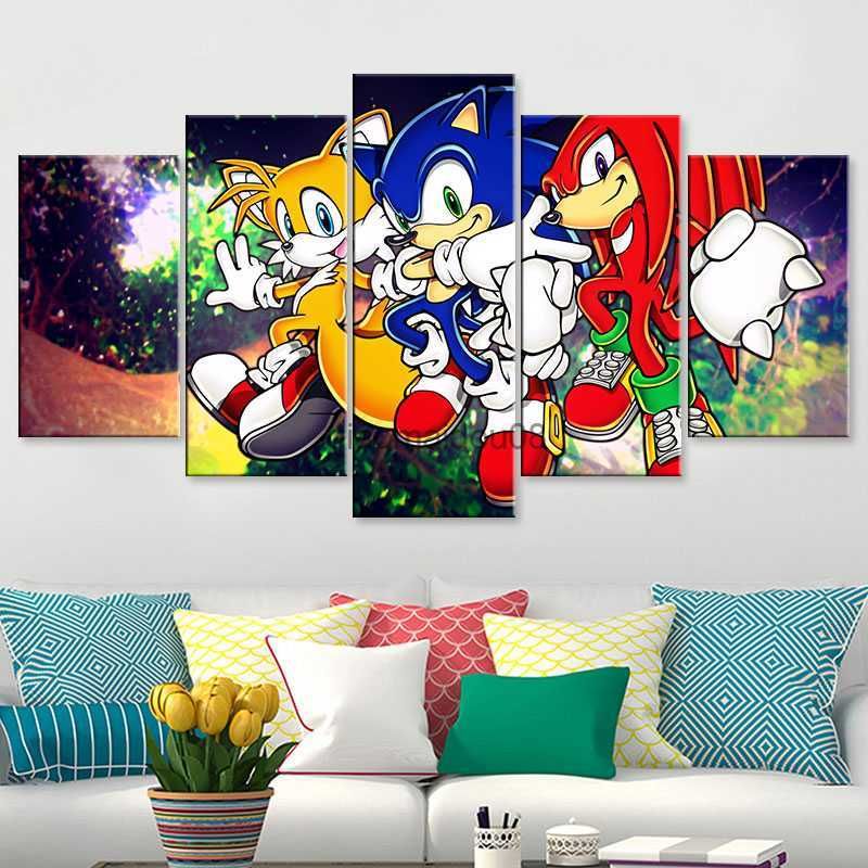 Cartoon Sonic 5 Panels Poster Video Games Canvas Painting Wall Art ...
