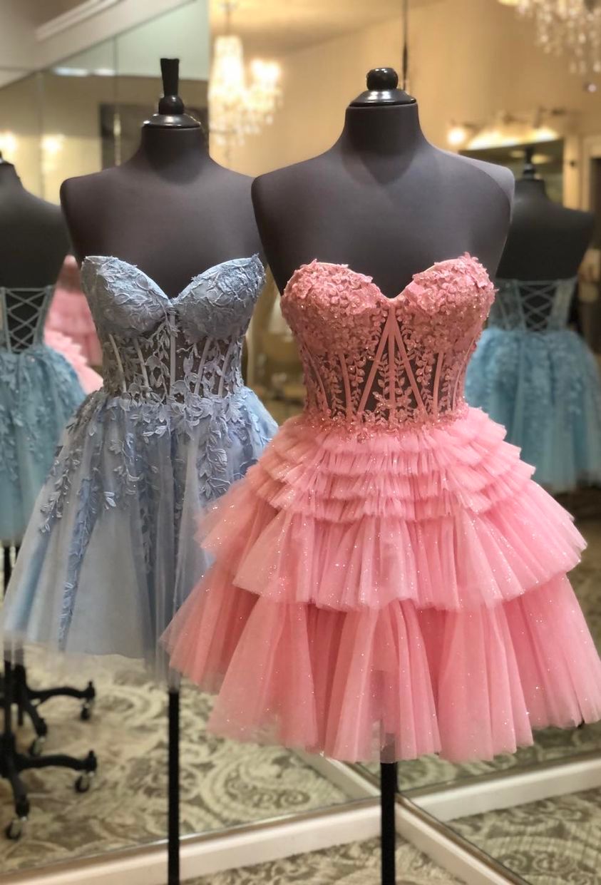 Strapless Homecoming Dress 2k24 Sheer Lace Corset Glitter Tulle Prom ...