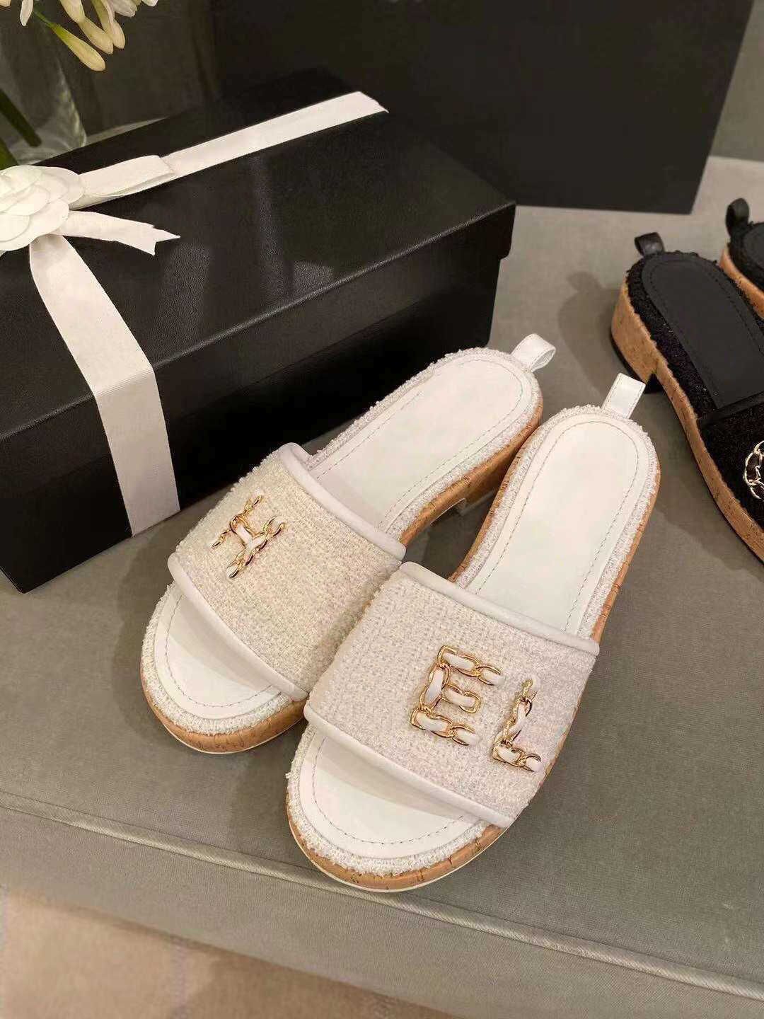 White Platform Slides Tweed Gold Chain Shoe Sandals Cork Mules ...