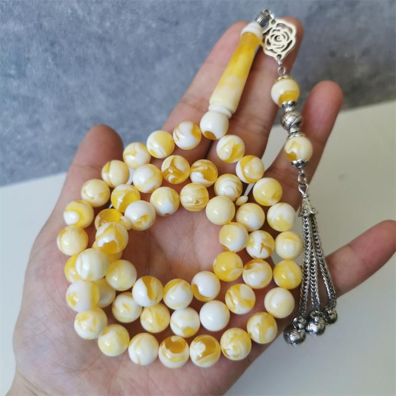 Islamic Tasbih 33 Rosary Yellow Resin Amber Silver Color Metal Tassel ...