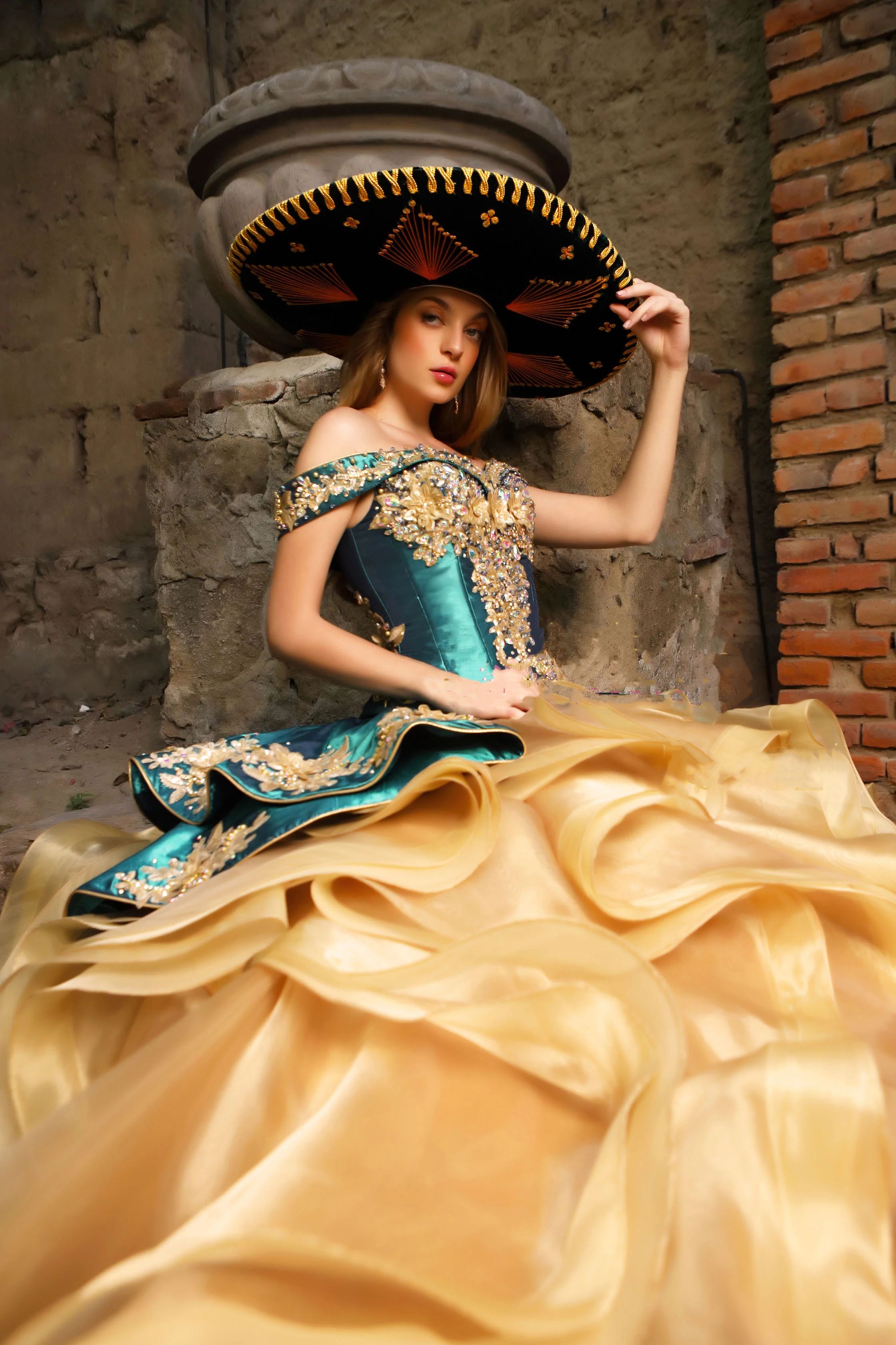 Teal And Gold Quinceanera Dresses