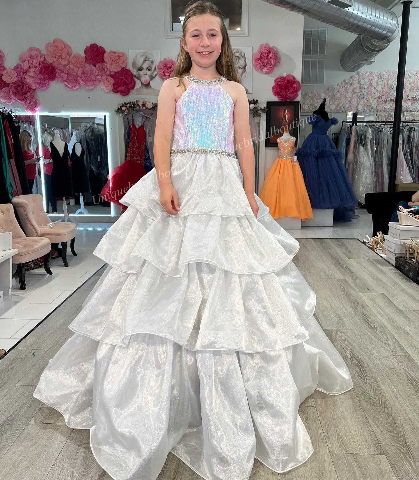 Iridescent Sequin Girl Pageant Dress 2024 Ruffle Layer Organza Little ...