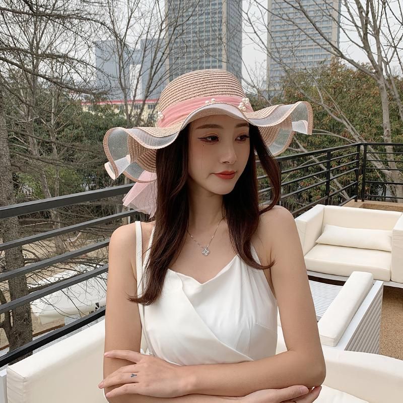 Wide Brim Hats Large Eaves Bow Streamer Beach Hat Summer Outdoor Sun