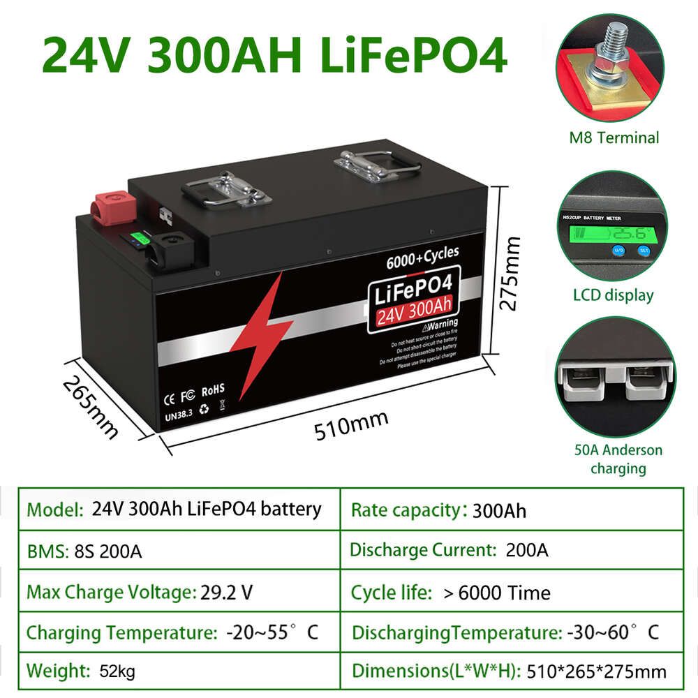 24V 300Ah LiFePO4 Batterie 200Ah 100Ah Lithium Batteri Buletooth BMS ...