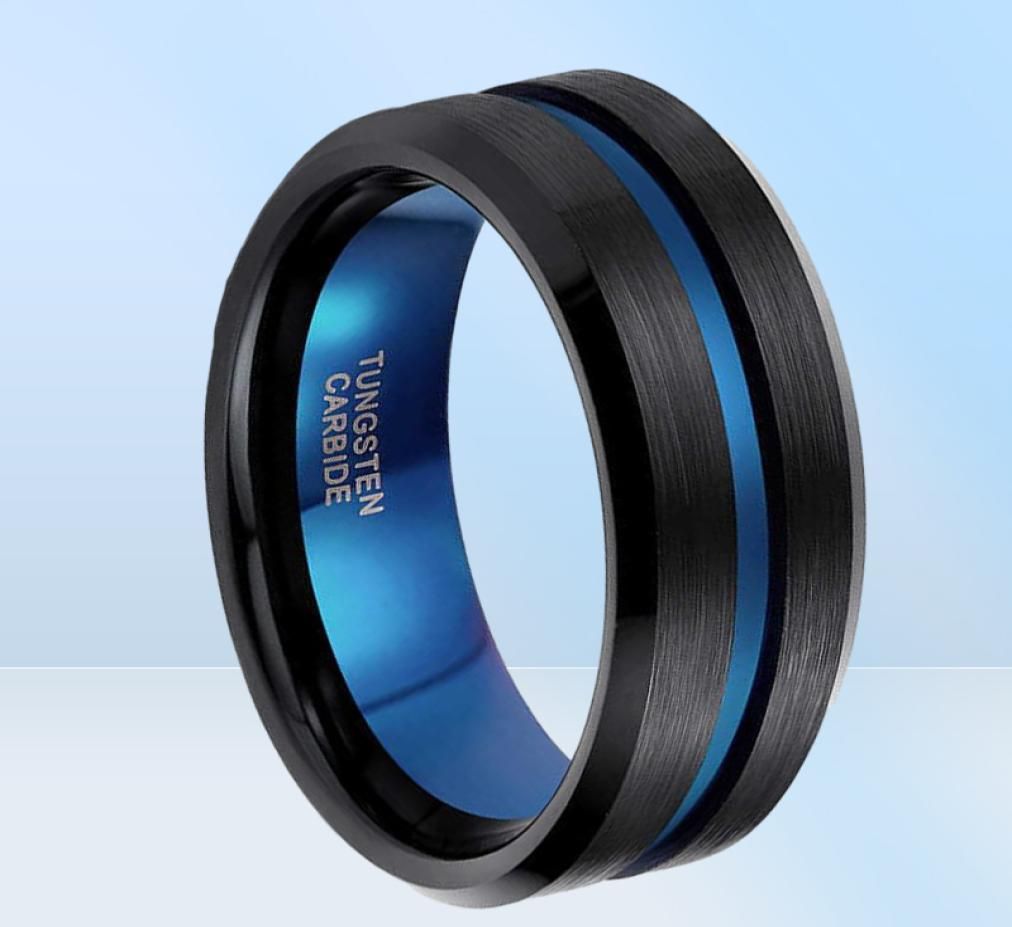 8mm Black Brushed Blue Edge Tungsten Carbide Ring Wedding, 55% OFF