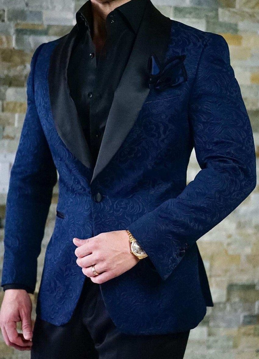 Navy Blue Butterfly Jacquard Groom Tuxedos Embossed Three Dimensional ...