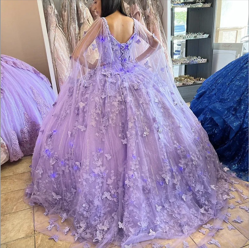 Light Purple Princess Quinceanera Dress Pretty Cape Puffy Ball Gown ...