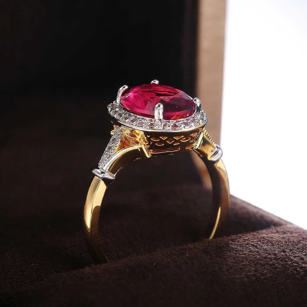 Anillo Solitario Grande En Forma De Óvalo Rosa Rojo Cubic Zirconia Anillos De Mujer Joyería De ...