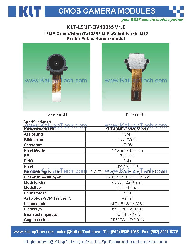 KLT L9MF OV13855 V1.0 Cámaras De Tablero 13MP OV13855 MIPI Schnittstelle M12 Fester Fokus ...