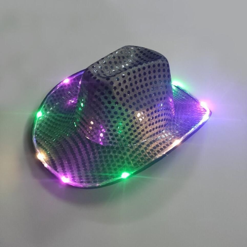 Party Hats Space Cowgirl LED Hat Flashing Light Up Sequin Cowboy Hats ...