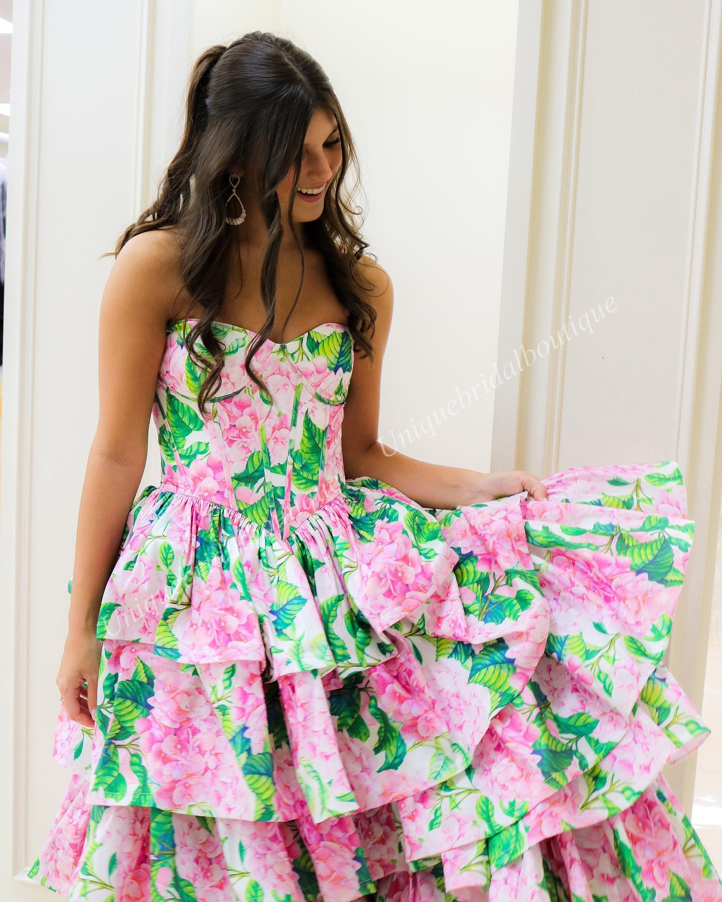 Print Floral Satin Green Floral Prom Dress 2k24 Tiered Ruffles Skirt ...