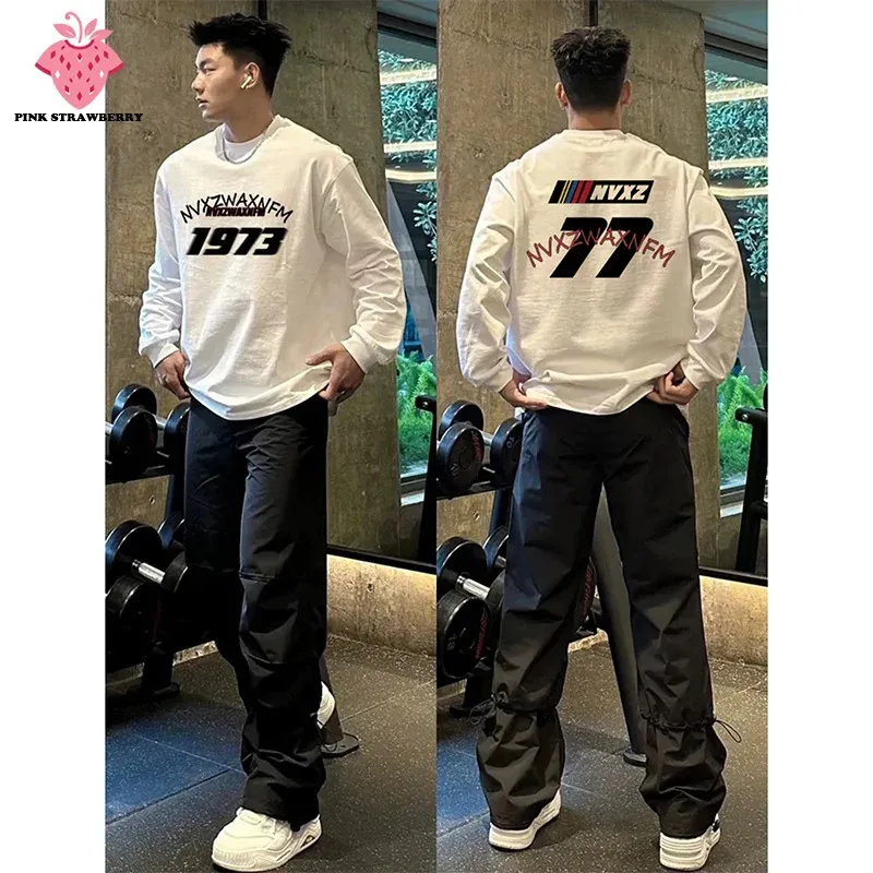 American Letter Print Long Sleeve T-shirt Men White Acetate Pull On ...