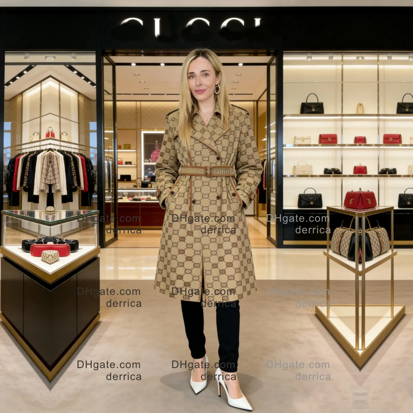 Designer Womens Trench Coats Luxury Double G Belt Waist Knee Length ...