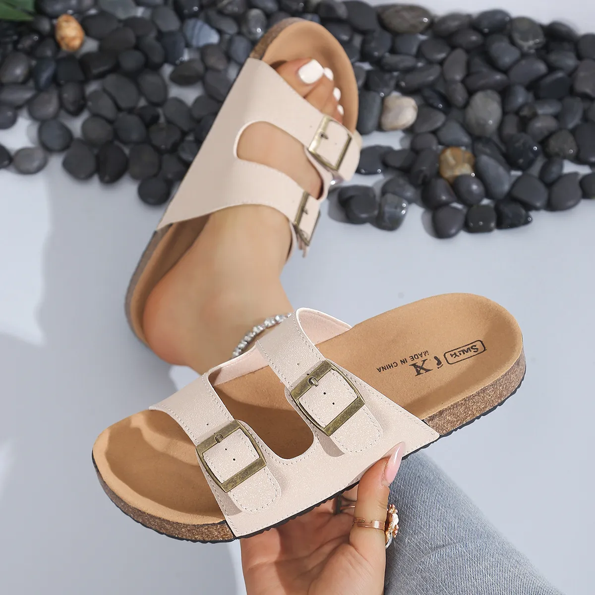 Women s Summer Casual Shoes Wide Width Round-Toe Thick Sole Ankle Strap ...