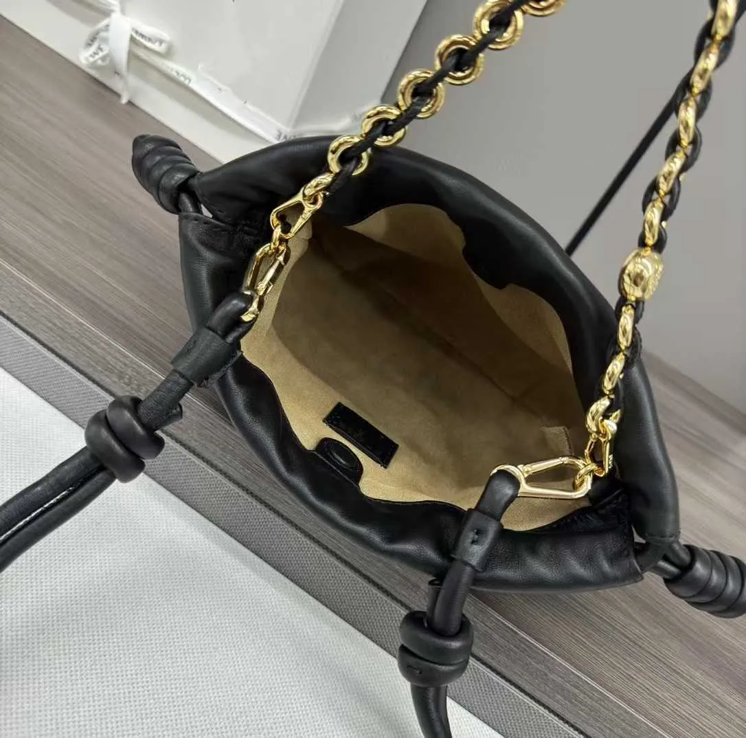 Designer bucket bag with drawstring closure, genuine leather shoulder ...