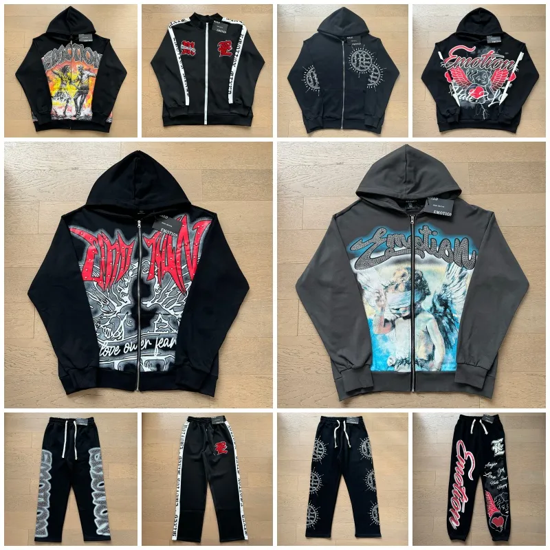MIXED EMOTION men's zip-up hoodie rhinestone Y2K streetwear polyester ...
