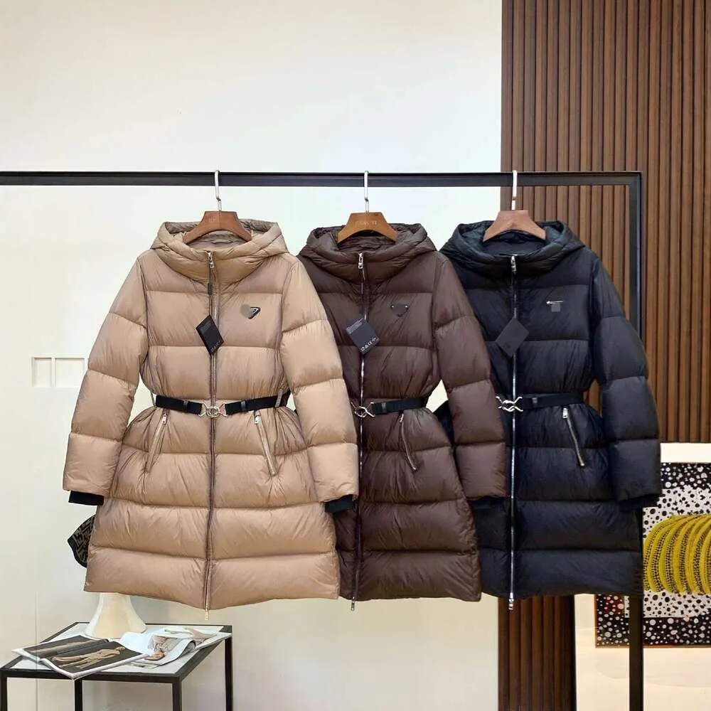 Waist-Cinching Mid-Length Hooded Down Coat for Women with Grey Duck ...