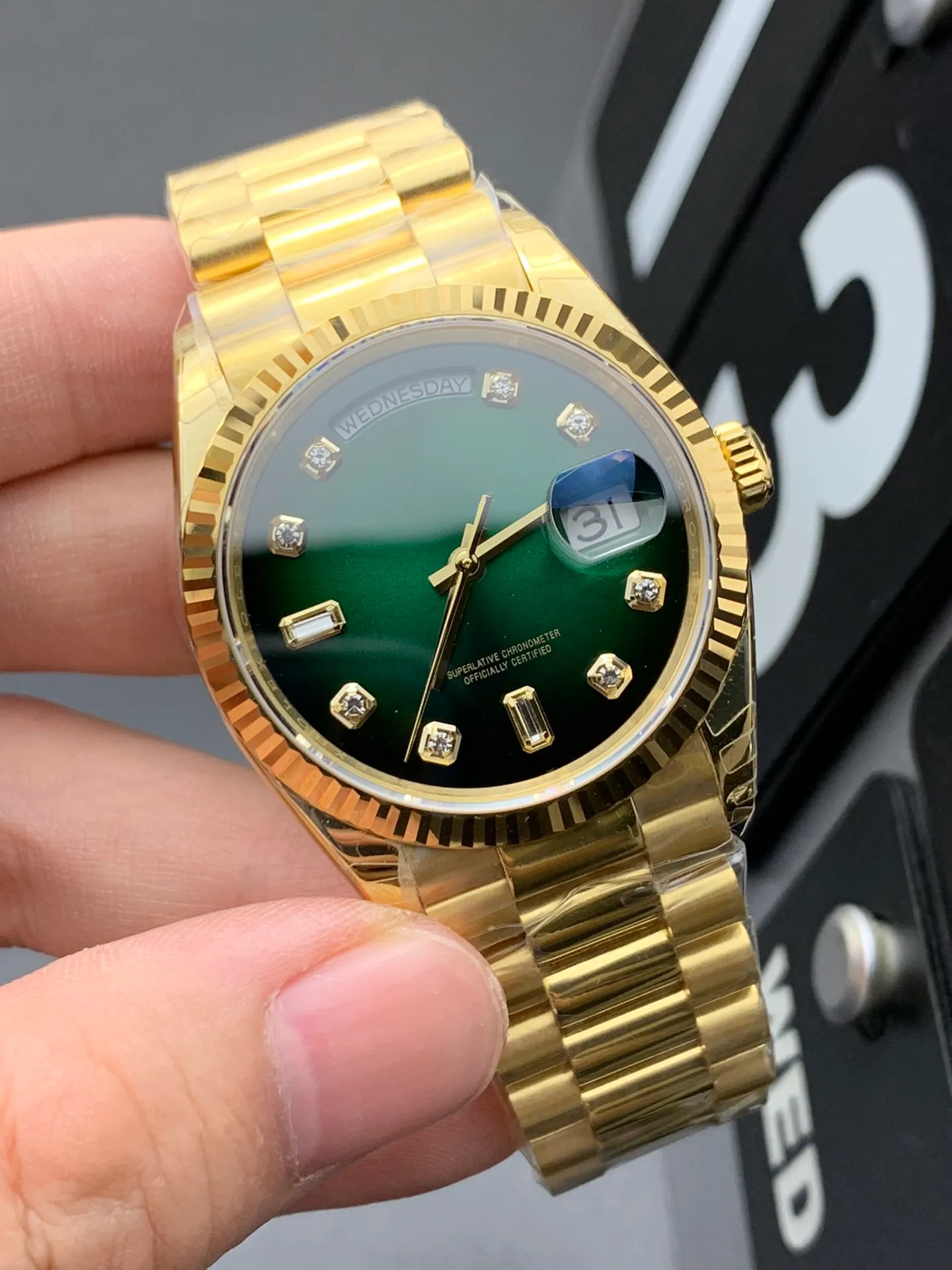 Mens day date watch 40mm stainless steel silver gold band mechanical ...