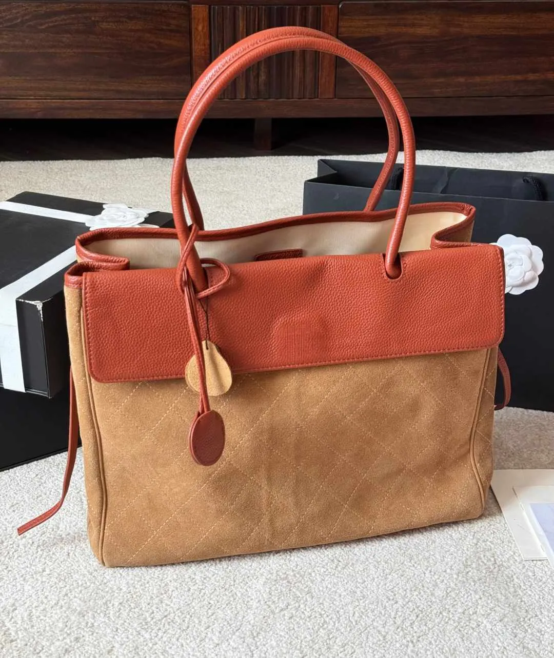 Brown suede genuine leather medium casual tote bag with cover closure ...