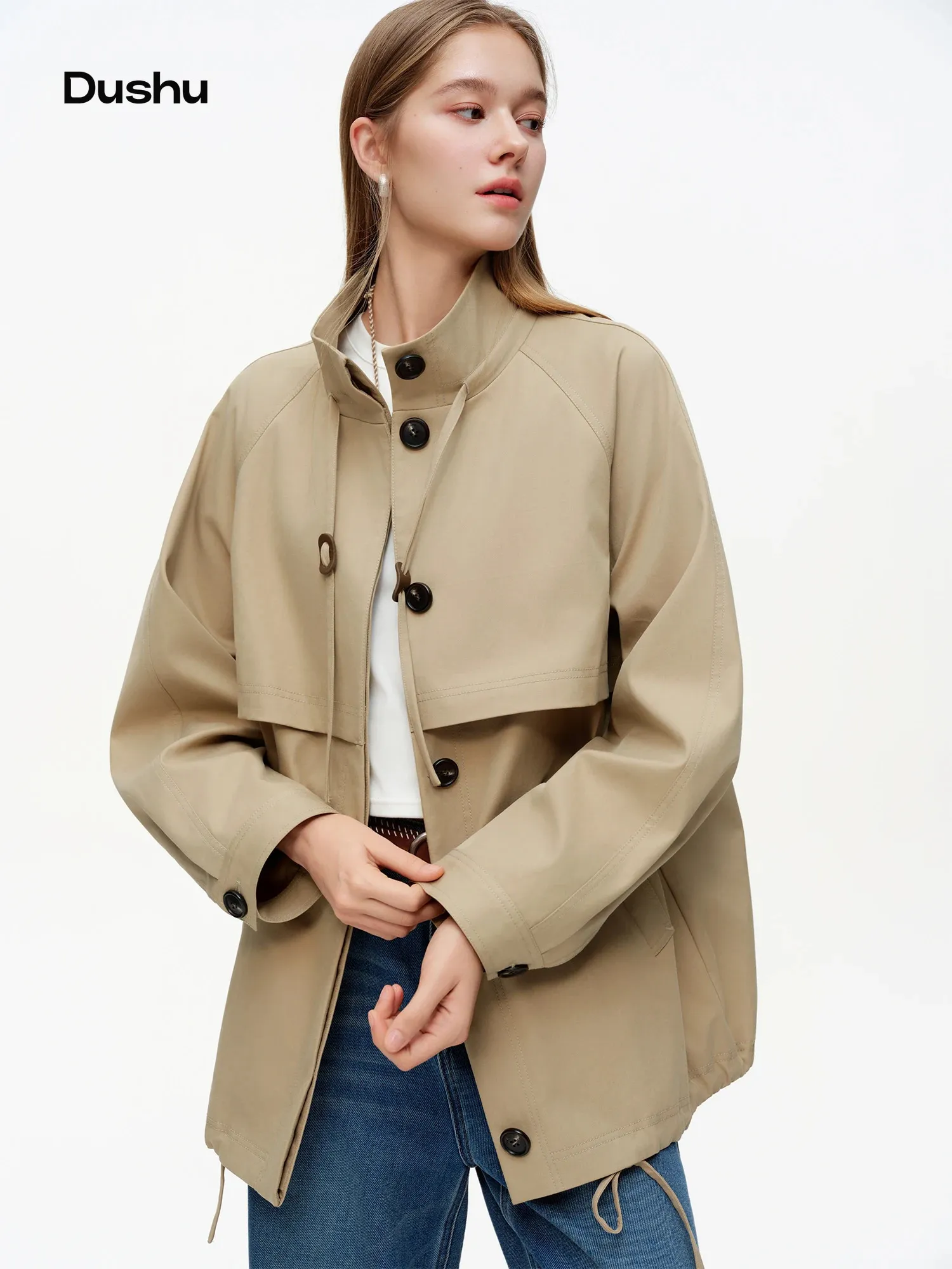 DUSHU Womens Casual Midlength Khaki Acetate Trench Coat with Hood 2026 ...