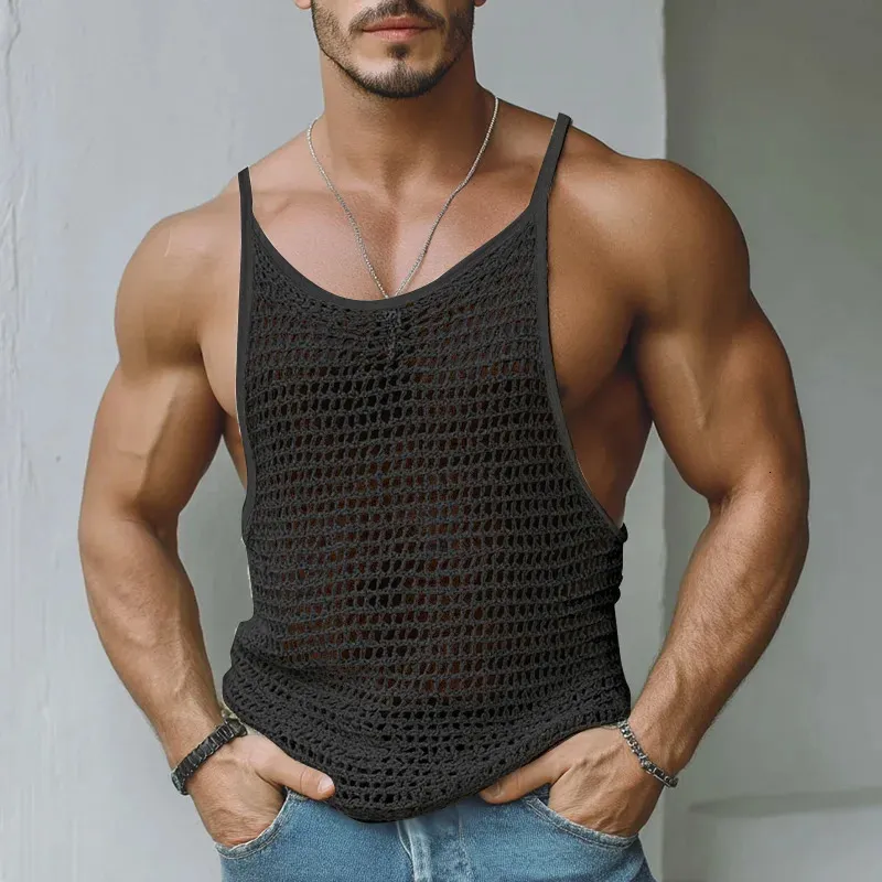 Mesh Tank Tops for Men Sleeveless Hollow Out Modal Male Vests Summer ...