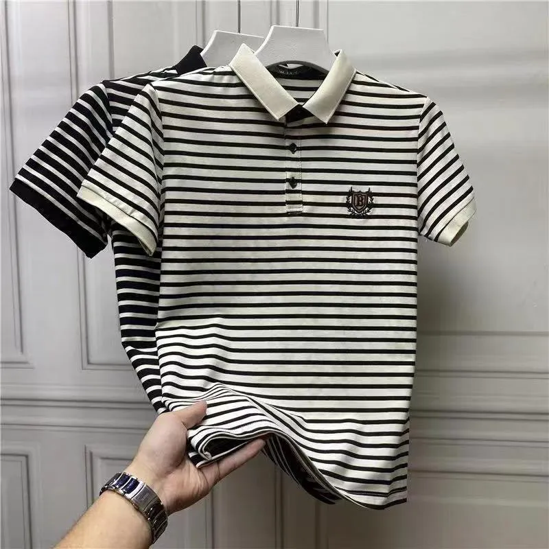 Designer Polo Shirt Mens Striped Faux Leather Short Sleeve Summer Top ...