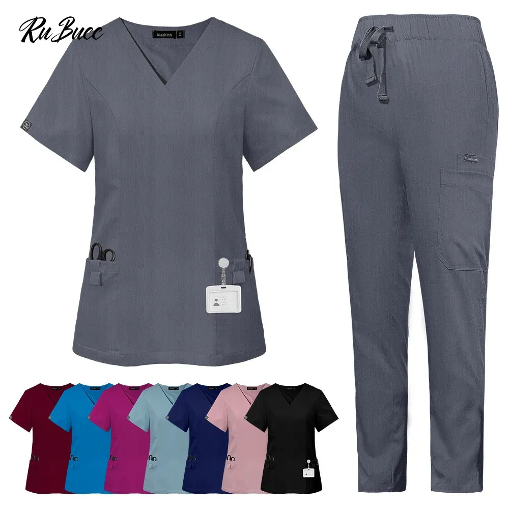 Scrub Uniform Set Elastic Unisex Nursing Workwear... From Leemostore ...