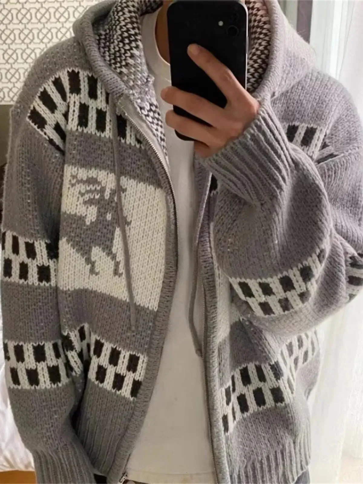 Fair Isle Pattern French Retro Jacquard Knitted Hooded Cardigan Loose ...