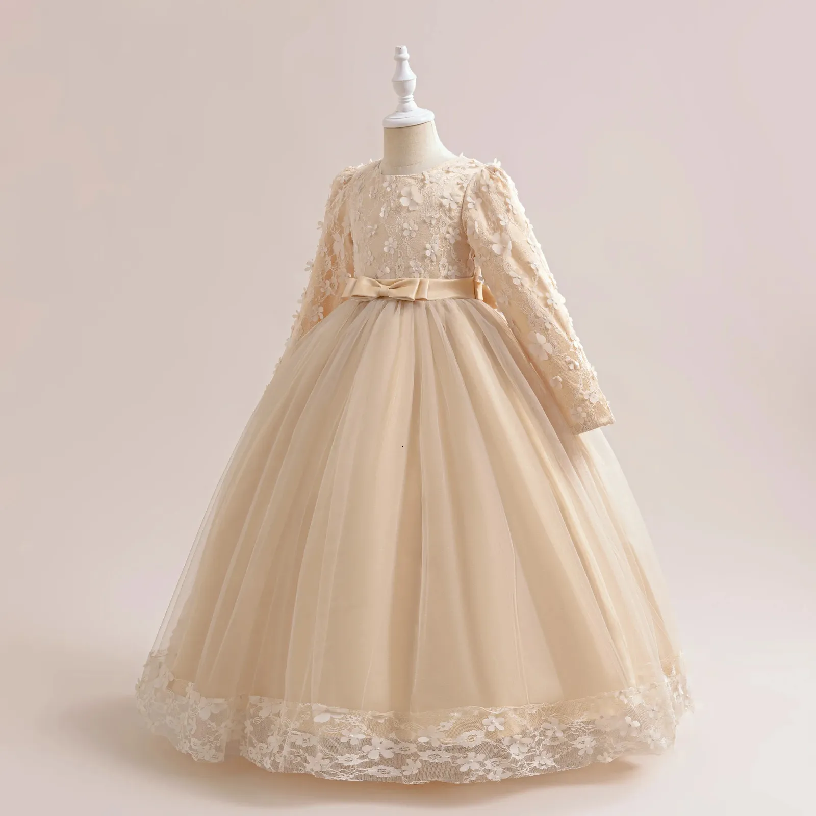 Long Sleeve Lace Bow Bridesmaid Dress for Girls Children's Christmas ...