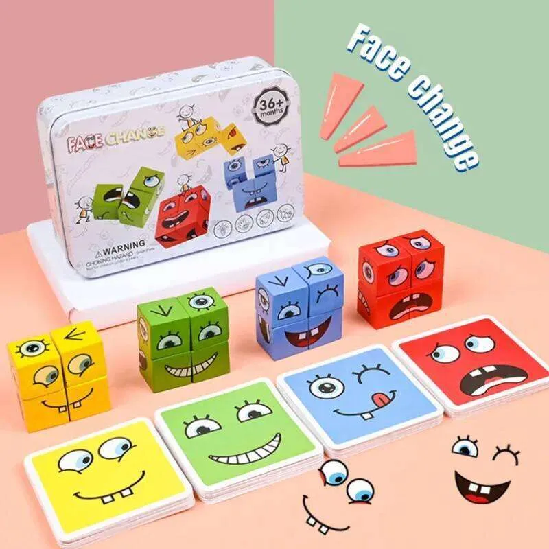Face Changing Building Blocks Wooden Cube Puzzle Toy for Children Kids ...