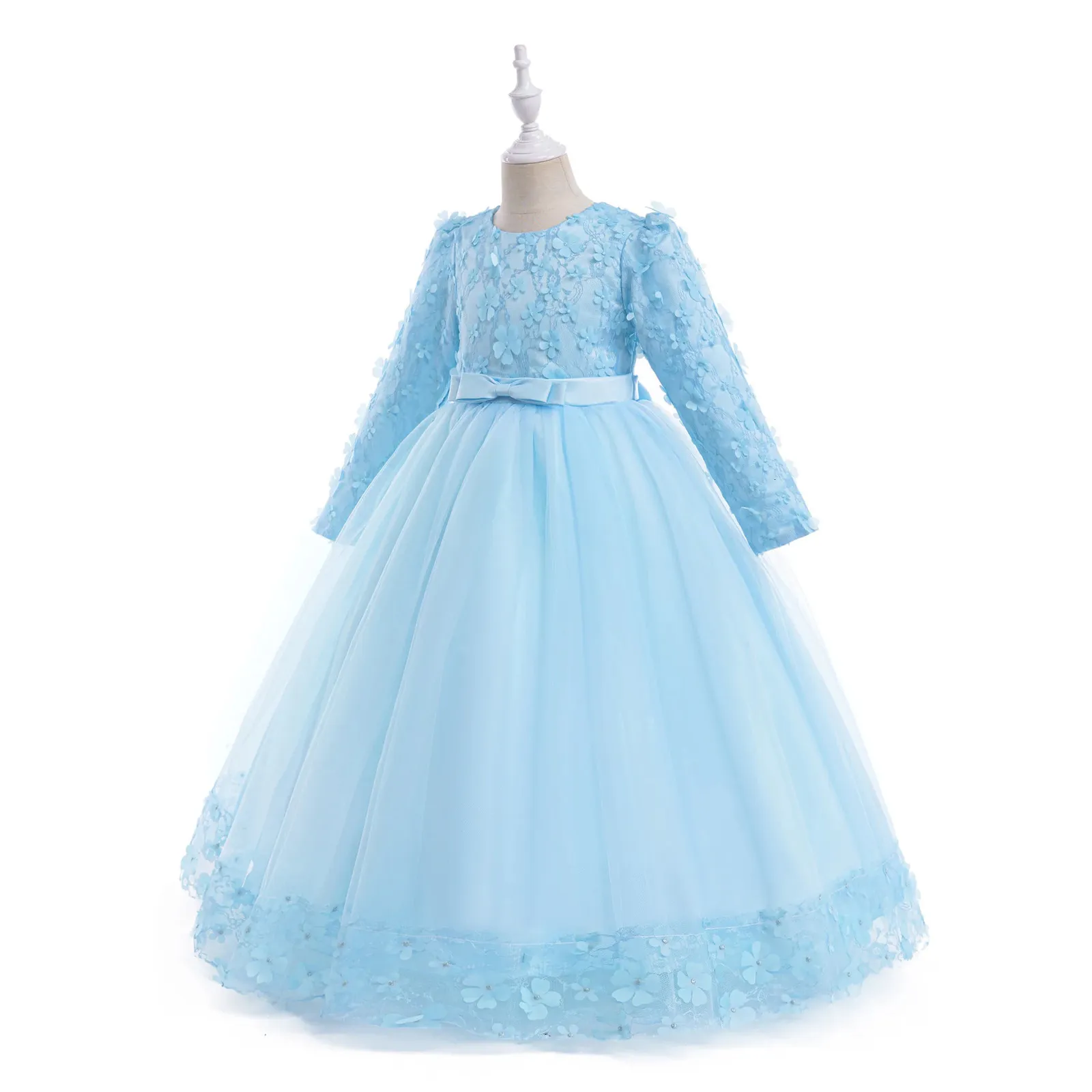 Long Sleeve Lace Bow Bridesmaid Dress for Girls Children's Christmas ...