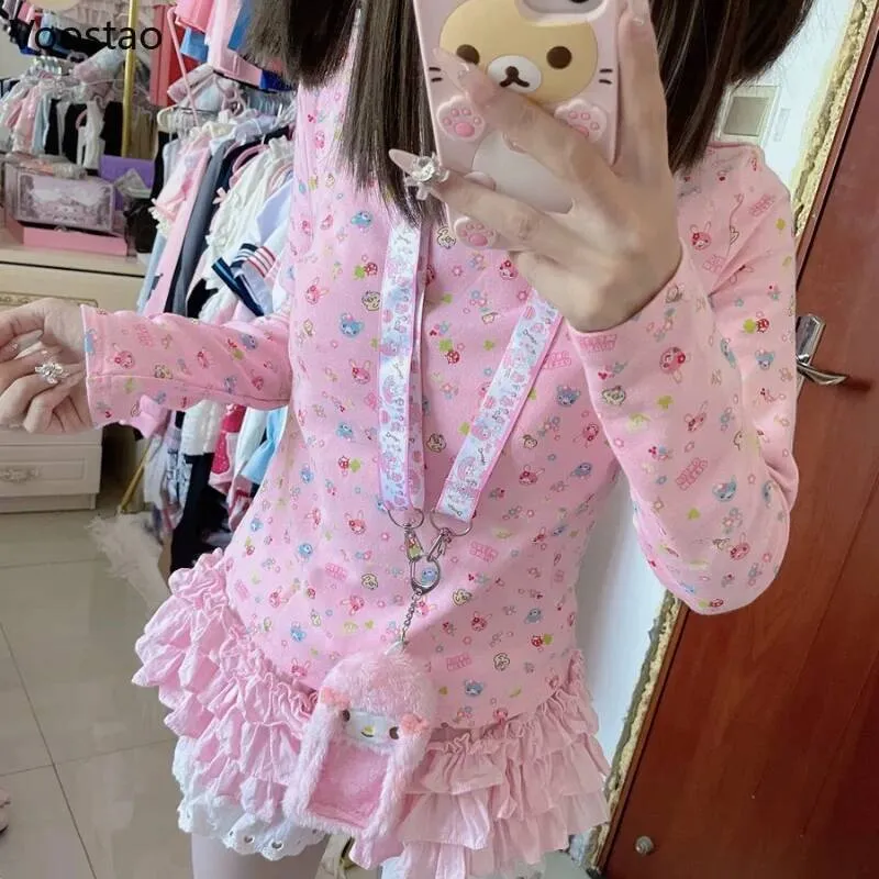 Pink Y2k Aesthetic Lolita Japanese Women Harajuku Casual Cartoon Bunny ...