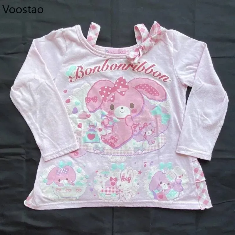 Japanese Kawaii Lolita T-Shirt Women Cartoon Rabbit Print Long Sleeve V ...