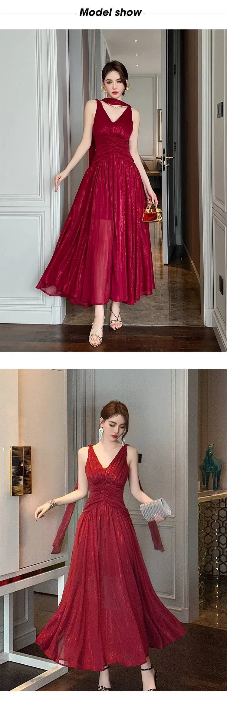 Red Chiffon Polyester A-Line Evening Gown with Beading Decoration and ...