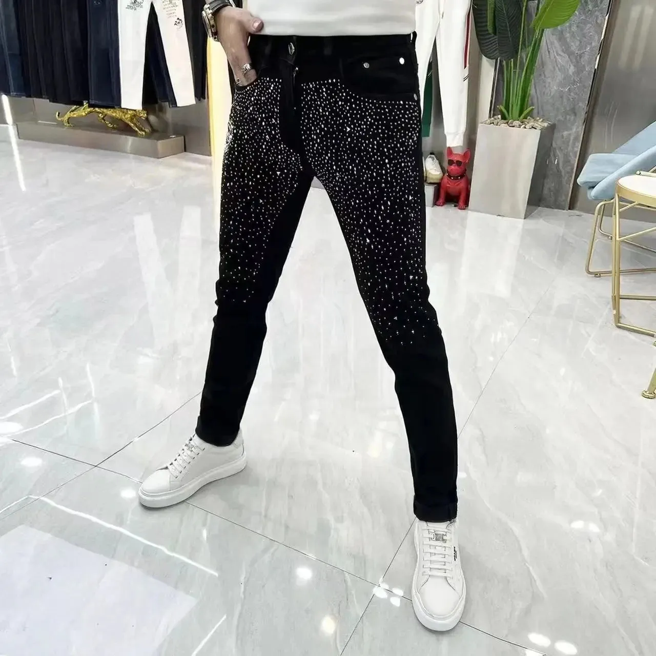 Mens Rhinestone Jeans Pencil Cut Acetate Pants Black Preppy Style ...