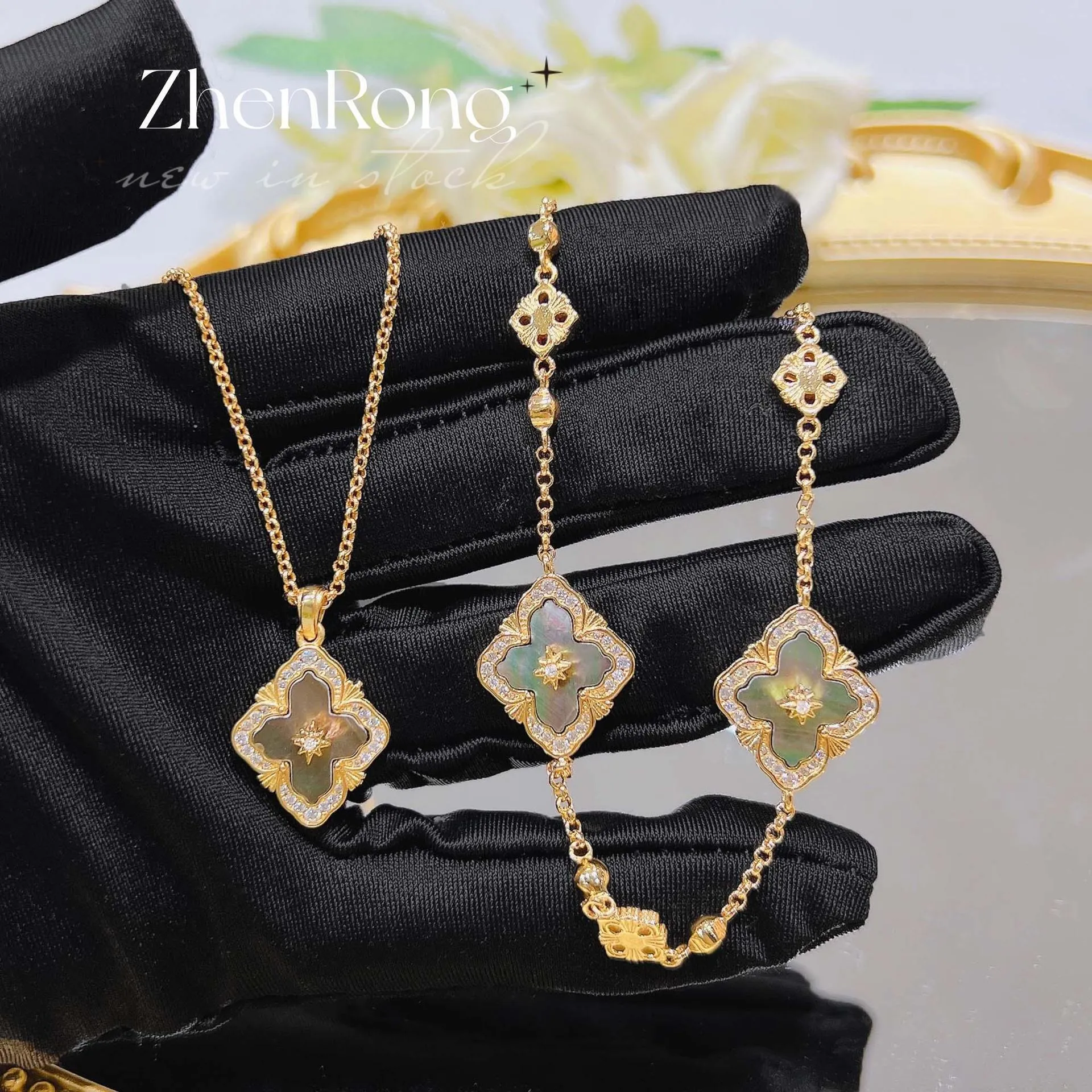 Four-Leaf Clover Jewelry Set with Mother-of-Pearl Shell Stones Silver ...