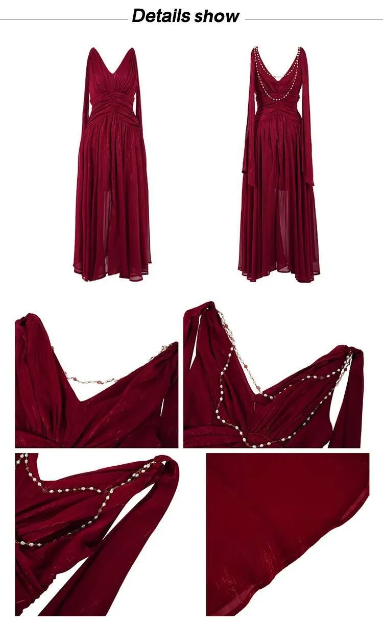 Red Chiffon Polyester A-Line Evening Gown with Beading Decoration and ...