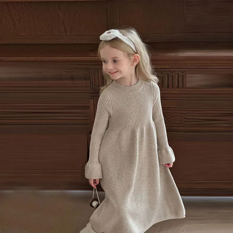 Girls Knitted Dress Autumn Winter Children Gown Princess Solid Color ...