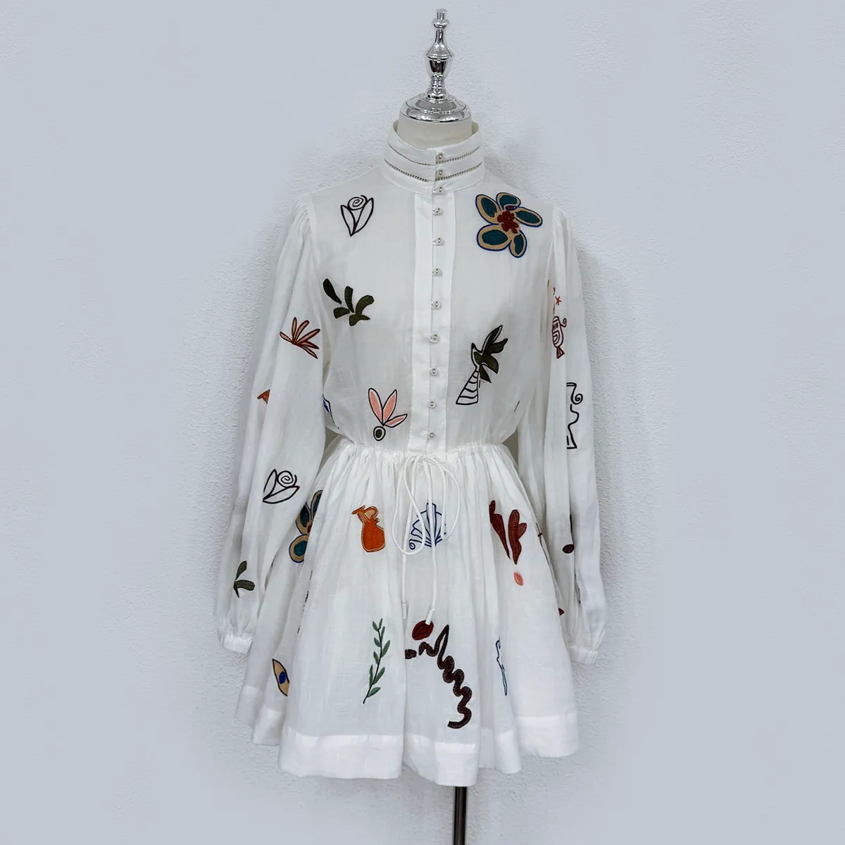 Mini Linen Dress for Women with Embroidery Stand Collar Floral A-Line ...