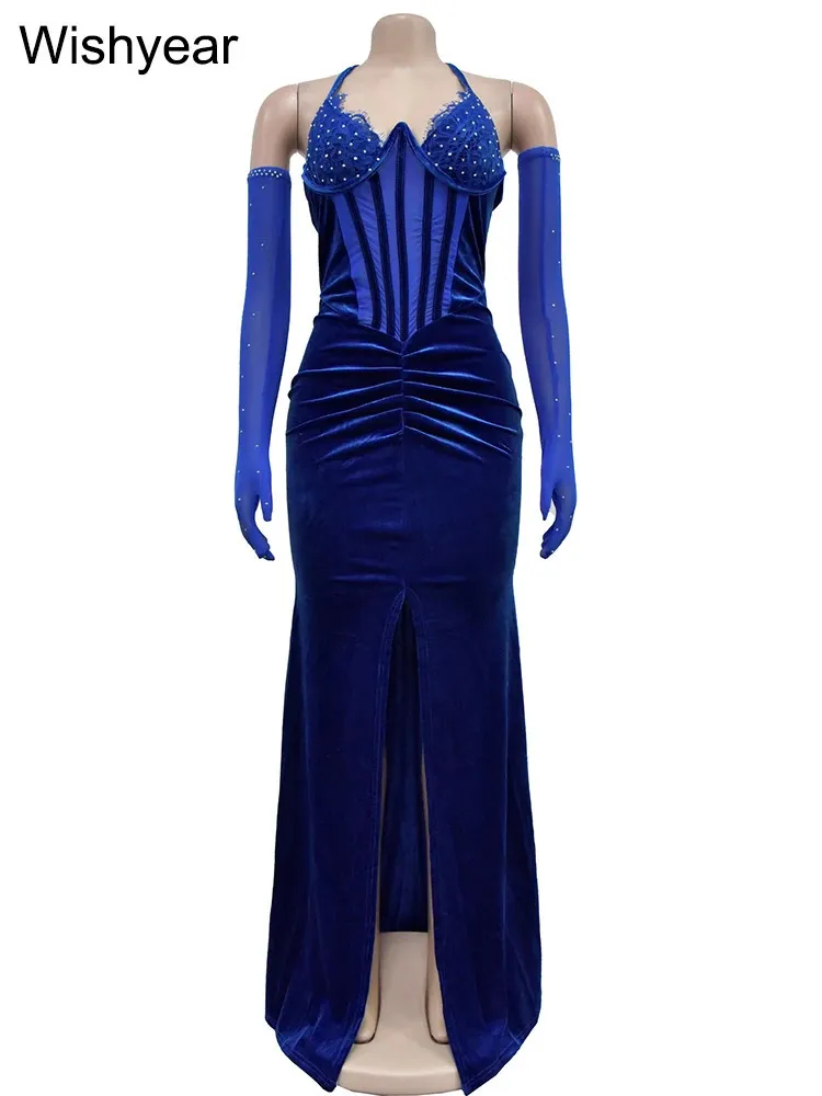 Lace Patchwork Halter Collar Mesh Cuff Velvet High Split Ruched Mermaid ...