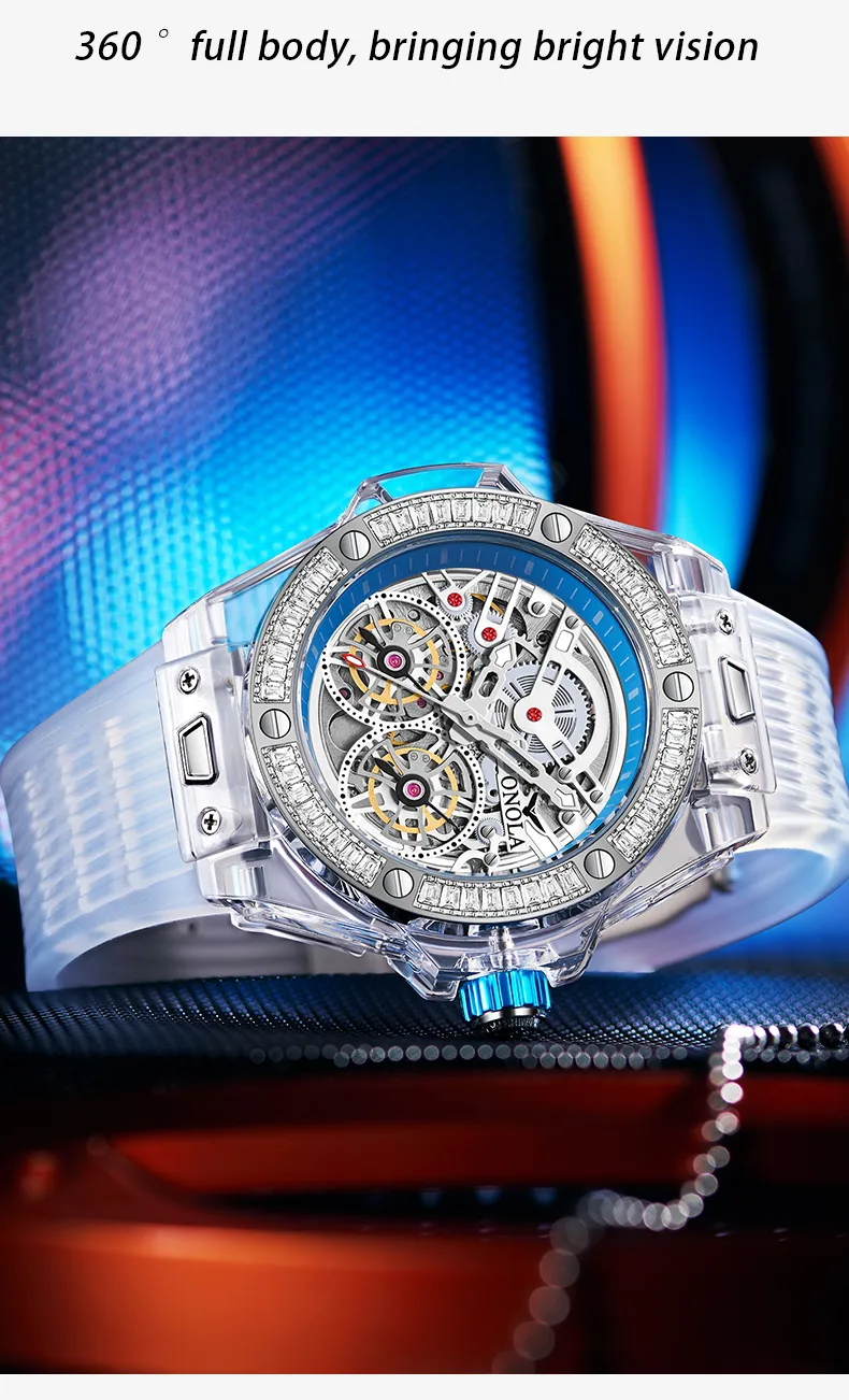 Full Diamond Hollow Mechanical Watch 42mm Dial 30M Waterproof Black ...
