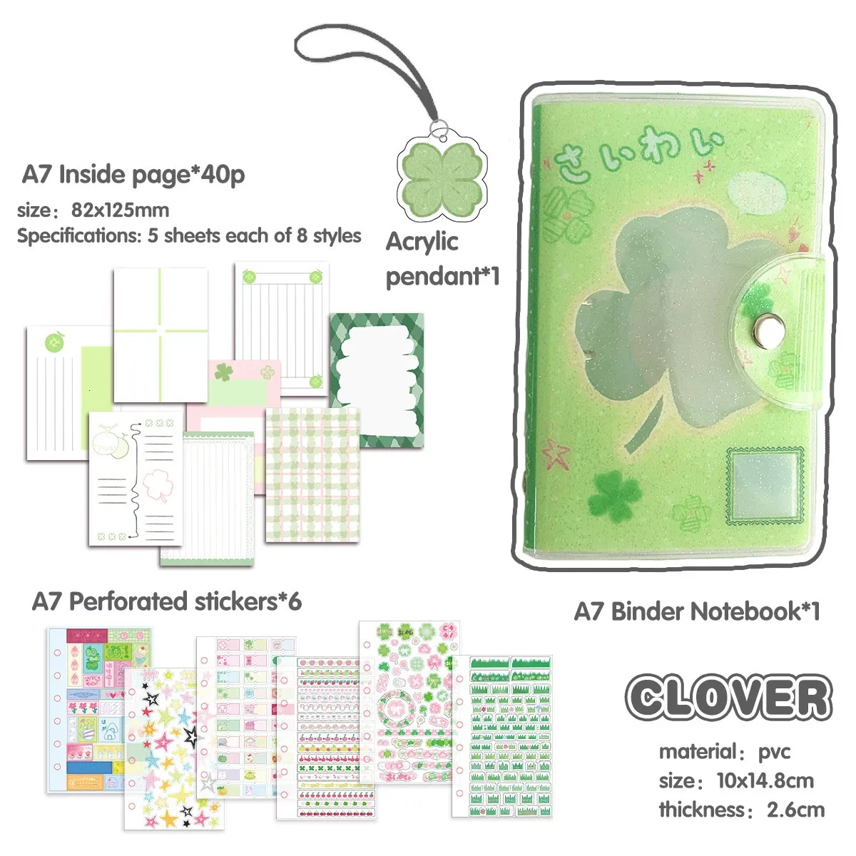 WAKAWAKA A7 Loose-Leaf Notebook Binder with Four-Leaf Clover Glitter ...