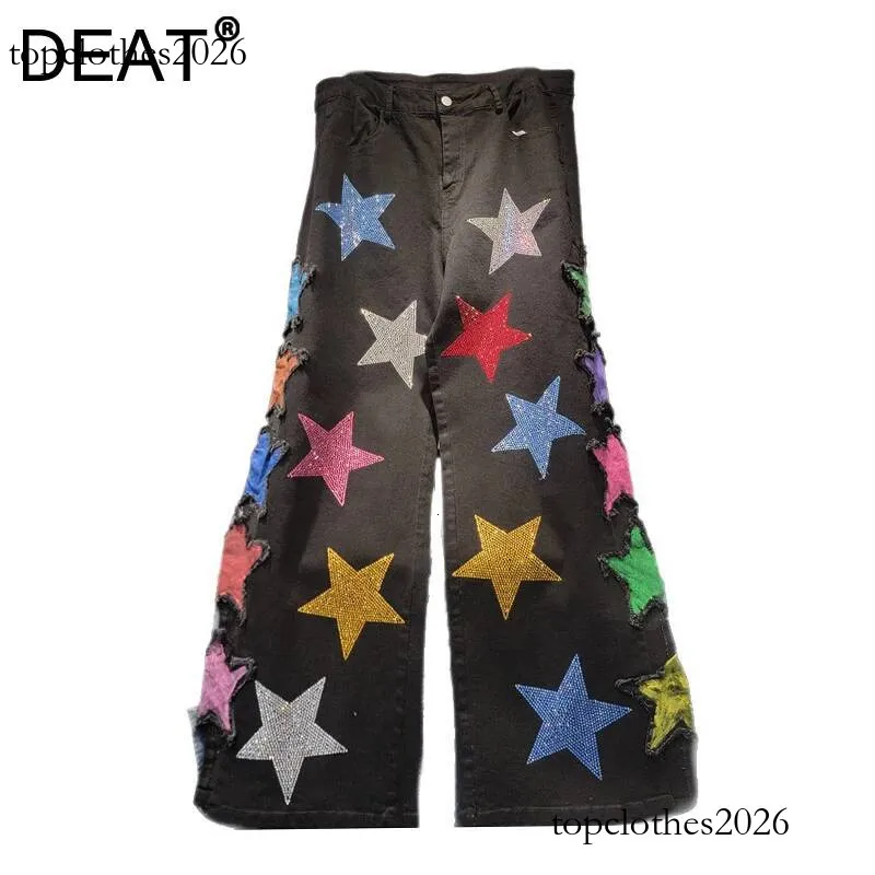 DEAT Women Jeans Colorful Diamonds Patch Pentagram High Waist Straight ...
