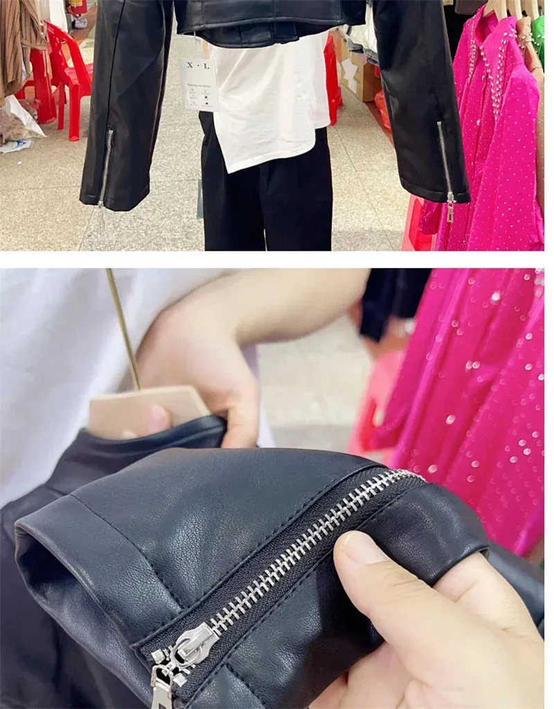 Black Slim Short Genuine Leather Motorcycle Biker Jacket Stand Collar ...