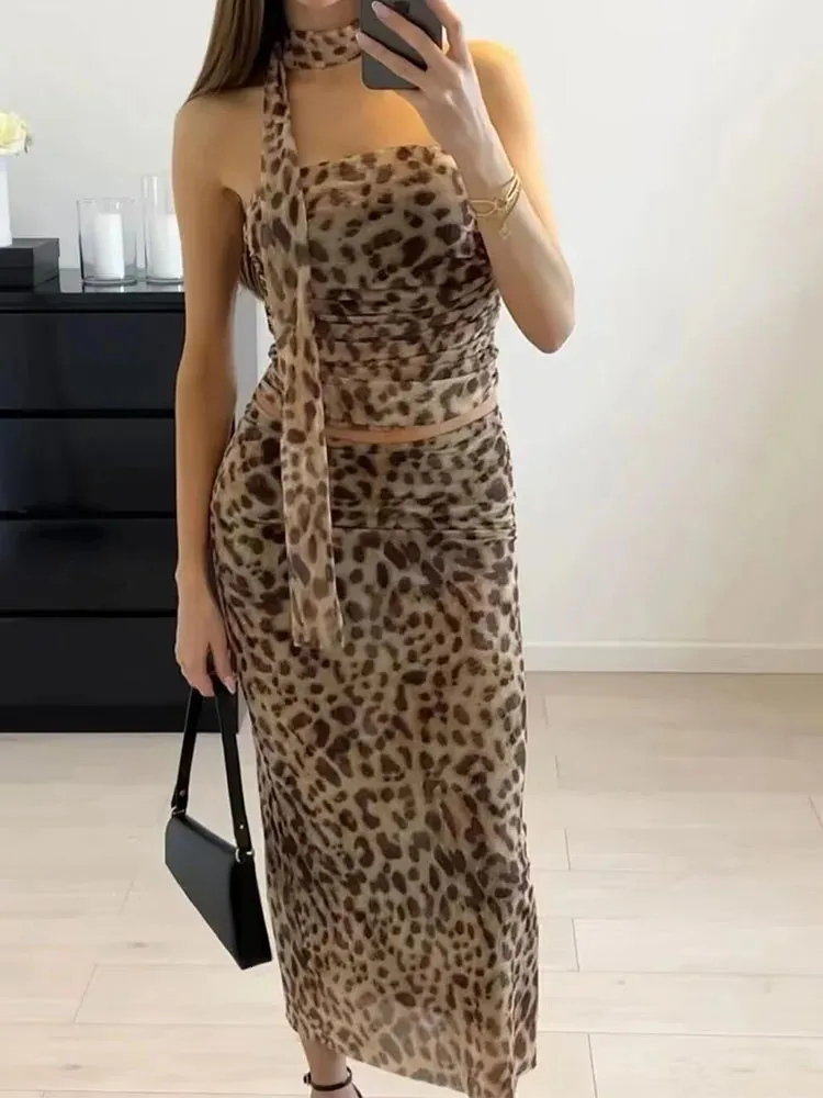 Womens sleeveless acetate knit two-piece leopard print top and high ...